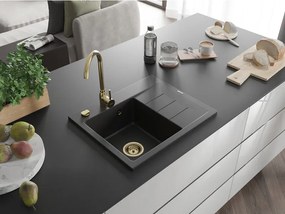 Mexen Ben, 1-komorový granitový dřez 600x500x190 mm, levý + zlatý sifon, černá, 6522605000-77-G
