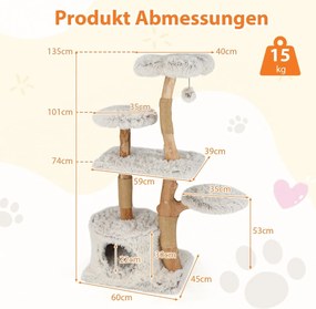 Costway Dřevěné škrabadlo 135 cm s plyšovým sedákem pro kočky a bílým míčkem