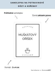 Samolepka na kořenky MUŠKÁTOVÝ OŘÍŠEK průhledná 3 × 4 cm základní písmo