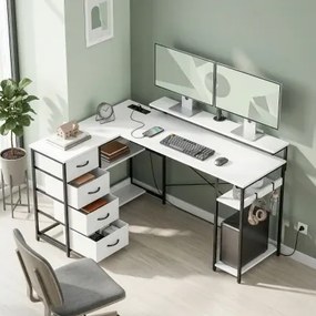HOMCOM reverzibilní L-pisací stůl se 4 látkovými šuplíky, 2 zásuvkami a 2 USB porty, držák monitoru 155x112 cm, bílý