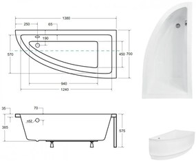 BESCO Asymetrická vana FONDI Nožičky k vaně - S nožičkami, Rozměr vany - 150 × 70 cm, Způsob provedení - Levé OLVFON15L+OLVPINOZ