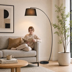 HOMCOM Stojací lampa, zakřivená stojací lampa s látkovým stínidlem, podlahová lampa s kulatou základnou, kov, 105D x 47Š x 190V cm, černá