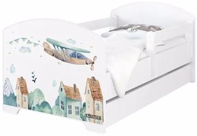 Dětská postel Oskar Domečky a letadlo 140x70 cm - Bílá - 2x krátká zábrana bez šuplíku