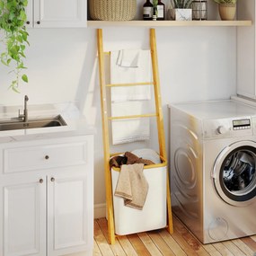 HOMCOM Koupelnový regál, 2-v-1, s 3 tyčemi, odnímatelný koš na prádlo 48 l, bambus, 43 x 35 x 133 cm, krémově bílý