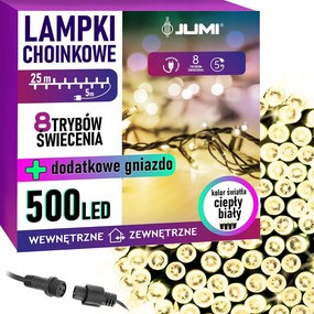 JU Vánoční LED světla 500 diod, 8 funkcí, teplá bílá, dodatečná zásuvka, síťové napájení, do exteriéru