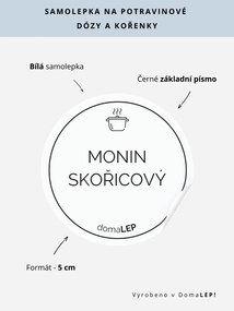Samolepka na láhev MONIN SKOŘICOVÝ průměr 5 cm – bílá vinylová, voděodolná, omyvatelná samolepka na dózy, základní písmo