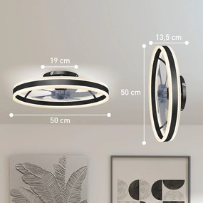 HOMCOM 45W LED stropní ventilátor se světlem, reverzní DC motor, tichý, dálkové ovládání, 6 rychlostí, 3 barevné teploty, časovač, Ø50 cm, černý