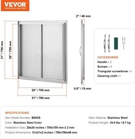 BBQ přístupová dvířka, 790 × 790 mm dvojitá venkovní kuchyňská dvířka