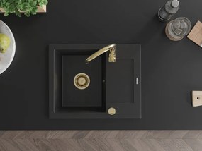 Mexen Enzo, granitový dřez 576x465x174 mm, 1-komorový, černá se zlatým sifonem, 6506571005-77-G