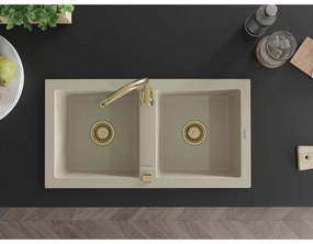 Mexen Mario, granitový dřez 820x436x161 mm, 2-komorový, béžová se zlatým sifonem, 6504822000-69-G
