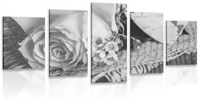 5-dílný obraz růže v jutě v černobílém provedení