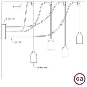 creative cables Závěsná lampa Spider se 4 světly, textilním kabelem a dřevěnou úpravou Barva: Efekt wenge
