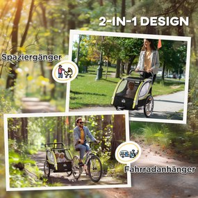 HOMCOM Dětský cyklistický přívěs 2 v 1 s odpružením, síťované dveře, přední kolo otočné o 360°, brzda, žlutá+černá, 142x75x101cm