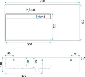 Rea Archi, umyvadlo na desku z konglomerátu 750x430x140 mm, levá verze, šedá matná, REA-U4303