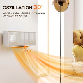 HOMCOM Nástěnný keramický elektrický ohřívač 2000 W, ventilátor, termostat, časovač, dálkové ovládání, skleněný panel, bílý