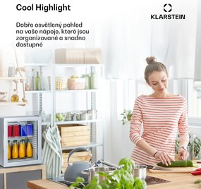 Klarstein Brooklyn 24, mini lednice, 24 l, energetická třída E, skleněné dveře, LED, police, stříbrná