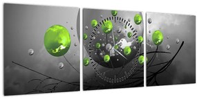 Obraz zelených abstraktních koulí (s hodinami) (90x30 cm)