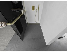 Mexen Kioto+ L, sprchová zástěna Walk-In s poličkou a věšákem 80 x 200 cm, 8mm šedé sklo, zlatý matný profil, 800-080-123-55-40