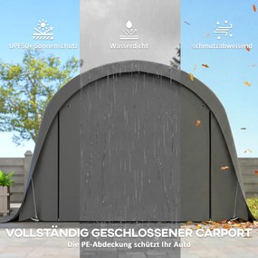 Outsunny přístřešek na auto 3 × 6 m – voděodolný úložný stan s odnímatelnými bočnicemi, velkými rolovacími dveřmi na zip, zakřivenou střechou, UPF50+…