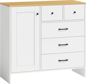 HOMCOM kuchyňský bufet, úložný nábytek s 5 zásuvkami a dvířky, rustikální styl, 100 x 40 x 94 cm, bílý