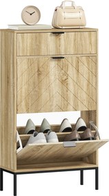 HOMCOM Úzká skříňka na boty se 2 dveřmi – Úložný prostor pro boty s zásuvkou a nastavitelnými policemi pro 8 párů bot 60x24x105,5 cm Dub | Aosom