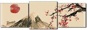 Obraz na plátně - Tradiční sumi-e obraz: sakura, slunce a hory - panoráma 5271FD (90x30 cm)
