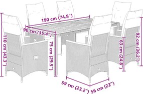 7dílný zahradní bistro set s poduškami černý polyratan 3276963