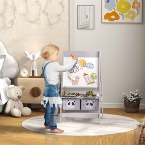 AIYAPLAY 3-v-1 dětská stojanová tabule s papírovou rolí, křídovou tabulí, bílou tabulí, úložnými koši, 54 x 46,5 x 93 cm, šedá