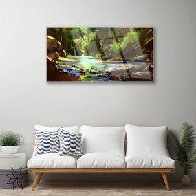 Obraz na skle Les Jezero Kameny Příroda 125x50 cm