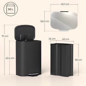 HOMCOM 50 l kuchyňský odpadkový koš se šlapacím pedálem, měkké dovírání a funkce otevření 90° – nerez/černá, 45,1 × 36,5 × 62,6 cm