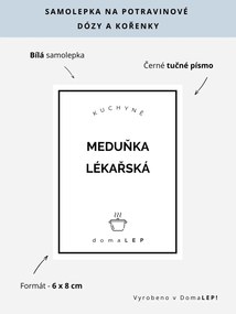 MEDUŇKA LÉKAŘSKÁ – bílá samolepka na dózu, tučné písmo, 6 × 8 cm | DomaLEP