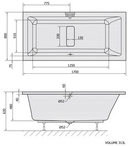 Polysan MARLENE obdélníková vana s konstrukcí 170x80x48cm, bílá, 72412