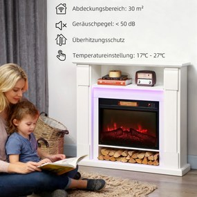 HOMCOM Elektrický krb s LED světly, realistický efekt plamenů, 1800W, krbový říms, 2 dálkové ovladače, sklo, bílá
