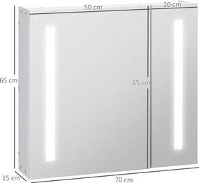 kleankin Nástěnná zrcadlová skříňka do koupelny s LED osvětlením, 2 dveře s 3 úrovněmi, 70 x 15 x 65 cm, bílá