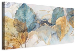 Obraz XXL Závan podzimu - žluté a modré listy na abstraktním pozadí