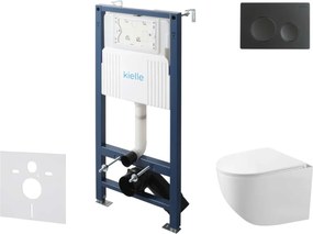 kielle Genesis New - Set předstěnové instalace, kompaktního klozetu Gaia, Rimless, sedátka softclose a tlačítka Gemini New I, matná černá 30528SS84