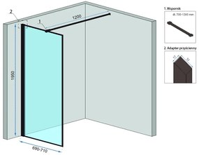 Bezrámová sprchová zástěna REA BLER 70 cm + police a věšák EVO, černá/transparent - bez vaničky
