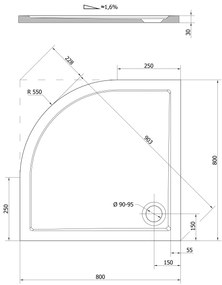 Polysan SERA sprchová vanička z litého mramoru, čtvrtkruh 80x80cm, R550, bílá 40511