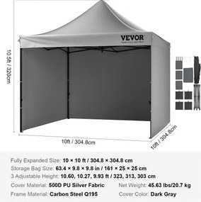 Venkovní altánový stan s vyklápěcím baldachýnem 3,05 × 3,05 m s bočnicemi tmavě šedý