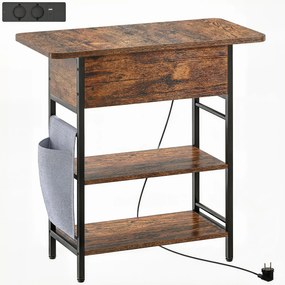 HOMCOM Odkládací stolek, noční stolek s elektrickou lištou, 2 patra, USB porty, úložný prostor 60 x 29,8 x 58,5 cm, rustikální hnědý
