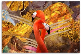 Obraz na plátně, Flamings na pozadí zlata - 120x80 cm