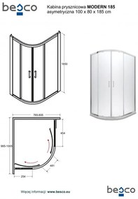 BESCO Asymetrický sprchový kout MODERN 185 BARVA rámu - Chrom/Leštěný hliník (ALU), Rozměr A - 100 cm, Rozměr B - 80 cm, Rozměr C - 185 cm, Směr zavírání - Univerzální Levé / Pravé, Výplň - Fume bezpečnostní sklo - 6 mm BCMOD1080CG