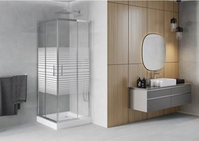 Mexen Rio, čtvercový sprchový kout s posuvnými dveřmi 80 x 80 cm, 5mm čiré sklo/pásy, chromový profil + bílá vysoká sprchová vanička Rio, 860-080-080-01-20-4510