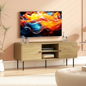 HOMCOM TV nábytek, televizní skříň až do 140 cm s 2 dveřmi, 2 otevřenými přihrádkami, kovovými nohami, 120 x 40 x 50 cm, dub