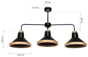 Stropní svítidlo Salma, 3x dřevěné/černé kovové stínítko, b/dřevo