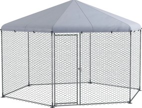 PawHut kurník 400 x 346 x 263 cm ocelový výběh pro volný chov, klec pro kuřata s krytem, dvířka, výběh pro 10-15 kuřat, malá zvířata, šedá