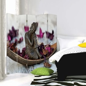 Ozdobný paraván, Buddha ve fialových okvětních lístcích - 180x170 cm, pětidílný, klasický paraván