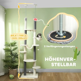 PawHut škrabadlo stropní vysoké, strom pro kočky, 225-255 cm škrabadlo pro kočky s houpacími sítěmi, škrabadla, košík, hrací míč, nábytek pro kočky s…