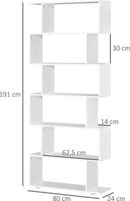 HOMCOM Knihovna s 6 policemi Dřevěná S Tvar 80x24x191 cm