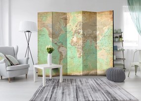 Pokojová zástěna Tyrkysová mapa světa - mapa kontinentů s nápisy v retro stylu